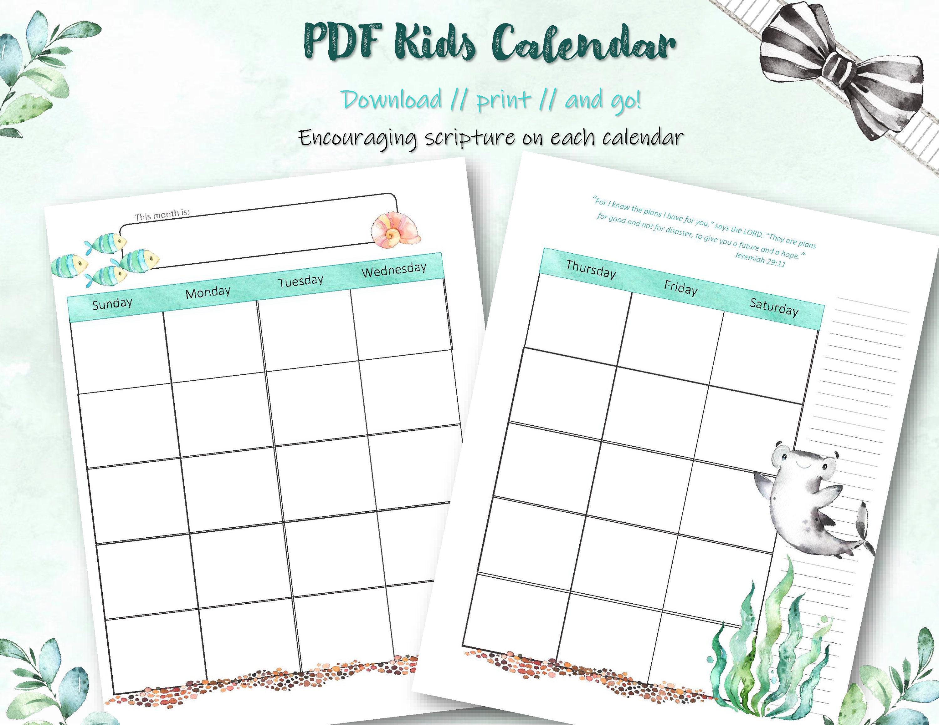 Printable Kids Calendar Set Under the Sea Theme Blank | Etsy