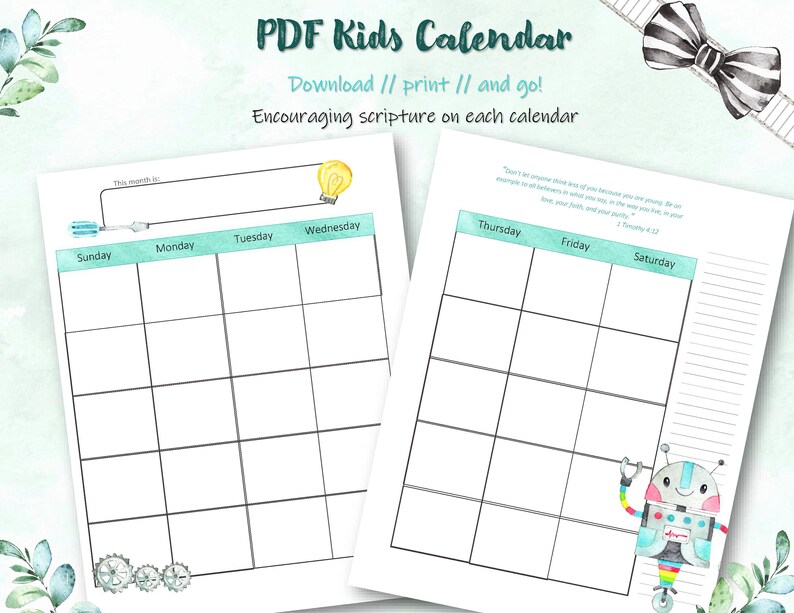 Printable Kids Calendar Set Blank Robot Themed Calendar Pages | Etsy