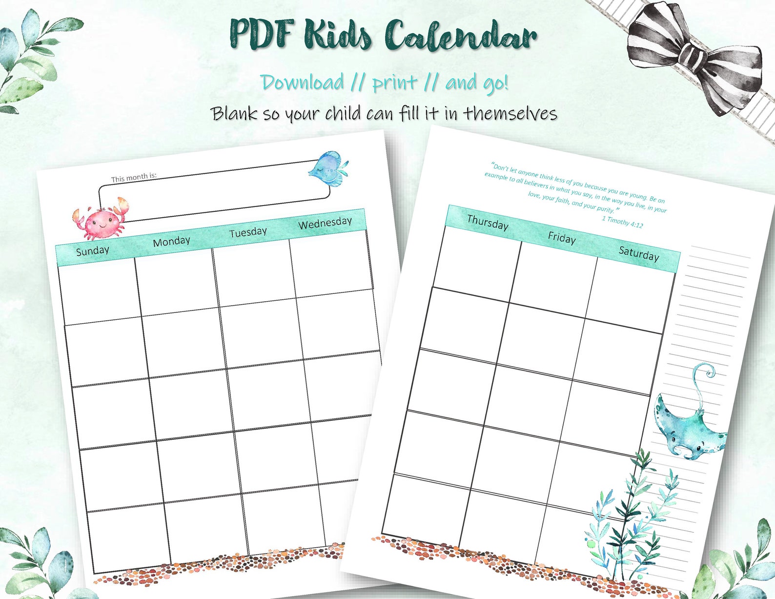 Printable Kids Calendar Set, Under the Sea Theme, Blank Calendars - Etsy