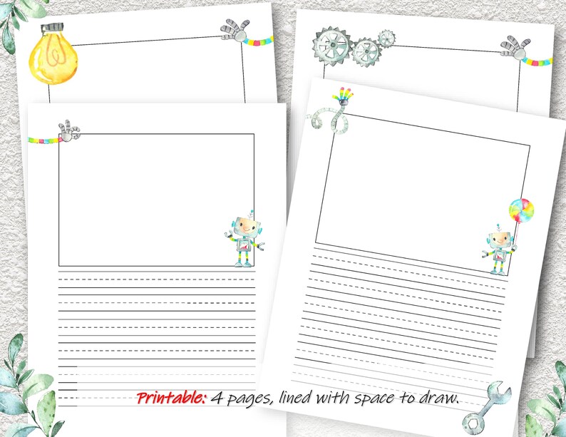 Printable K-2nd Robot Themed Kids Notebook Cover and Lined Pages With ...