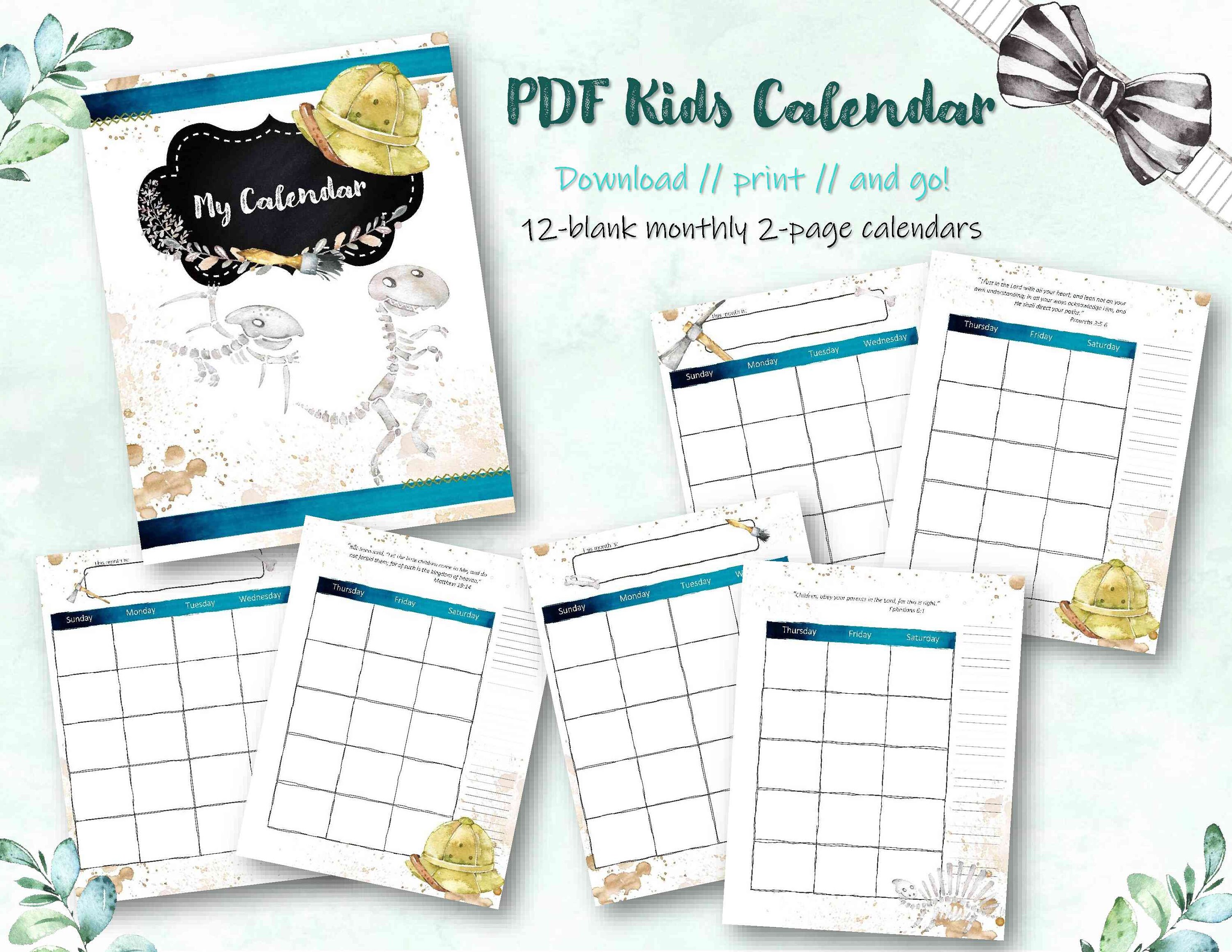 Printable Kids Calendar Set Dinosaur Dig Theme Blank | Etsy