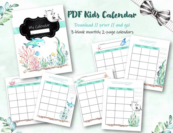 Printable Kids Calendar Set Under the Sea Theme Blank | Etsy
