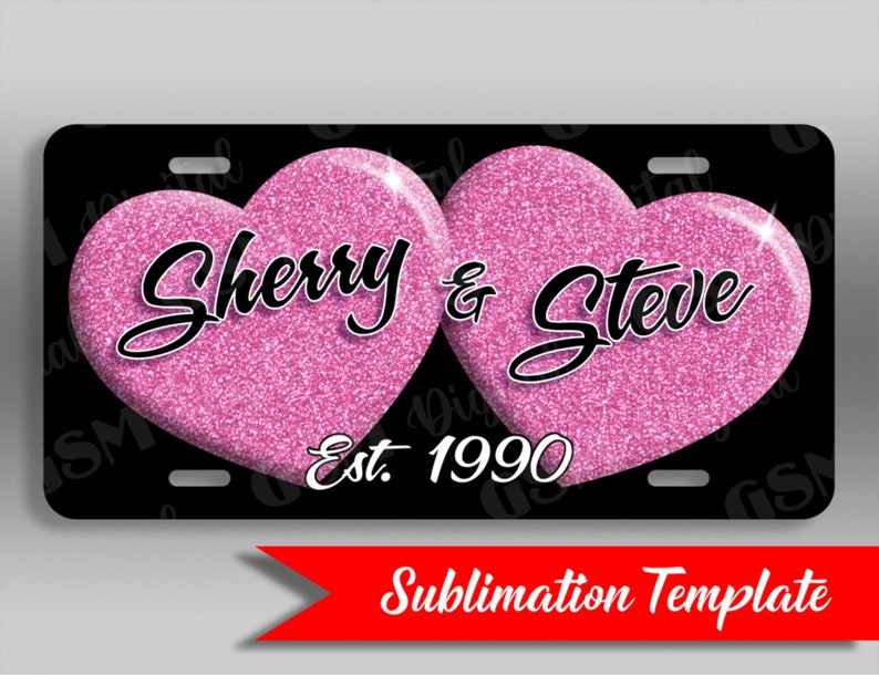 Faux Pink Glitter Hearts on Black-couples License Plate Sublimation ...