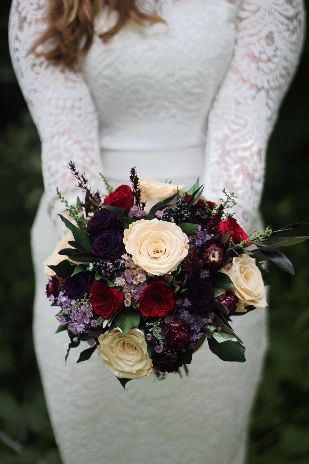 Moody Plum Purple Burgundy Flower Bouquet – Preserved Bridal Flowers ...