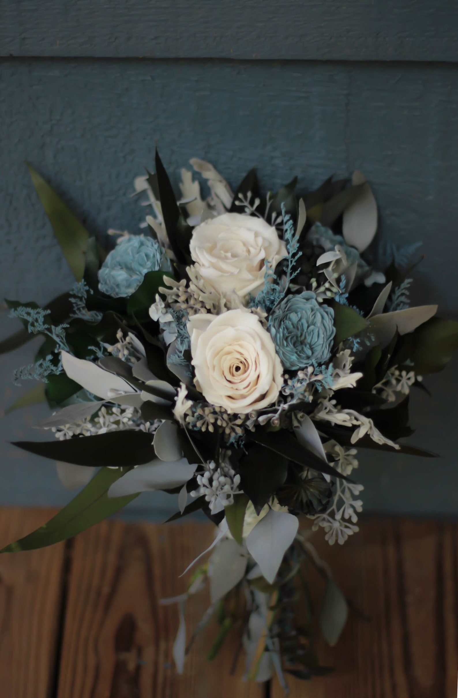 Dusty Blue Preserved Rose Wedding Bouquet, Real Flower Bridal Bouquet ...