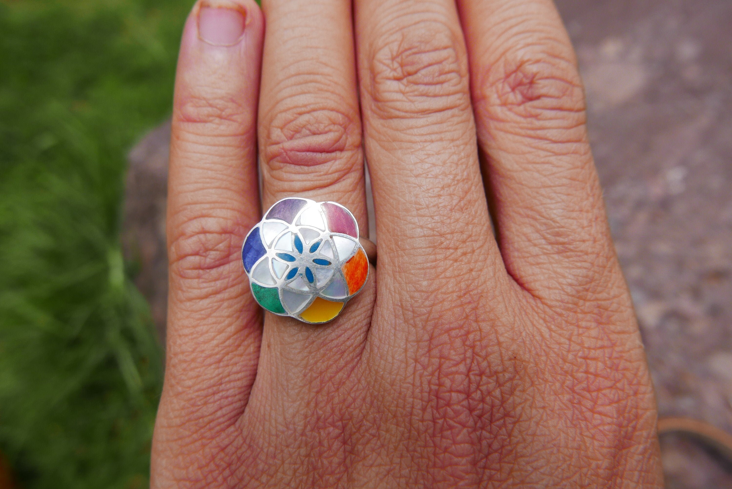 Adjustable Silver Colorful Flower Ring | Etsy