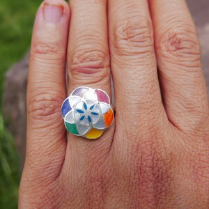 Adjustable Silver Colorful Flower Ring | Etsy