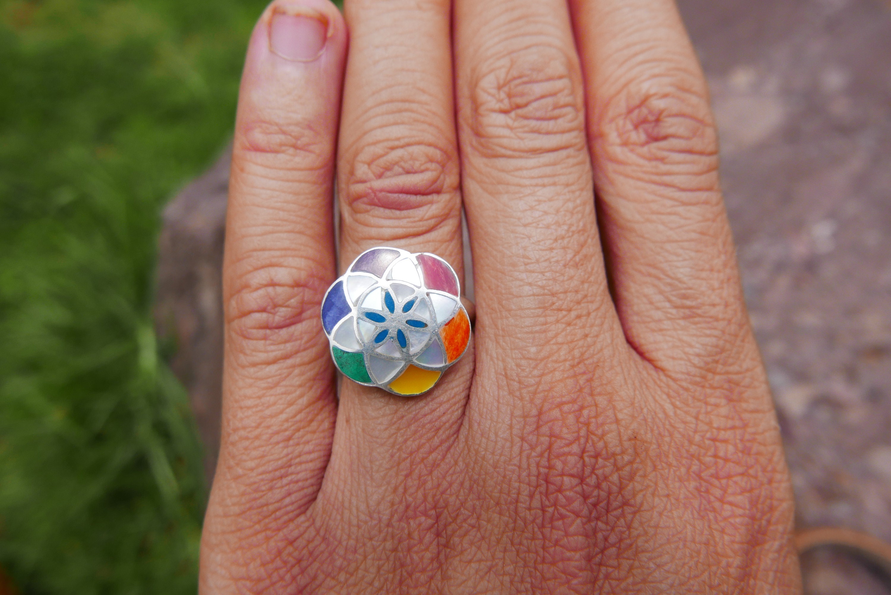 Adjustable Silver Colorful Flower Ring | Etsy