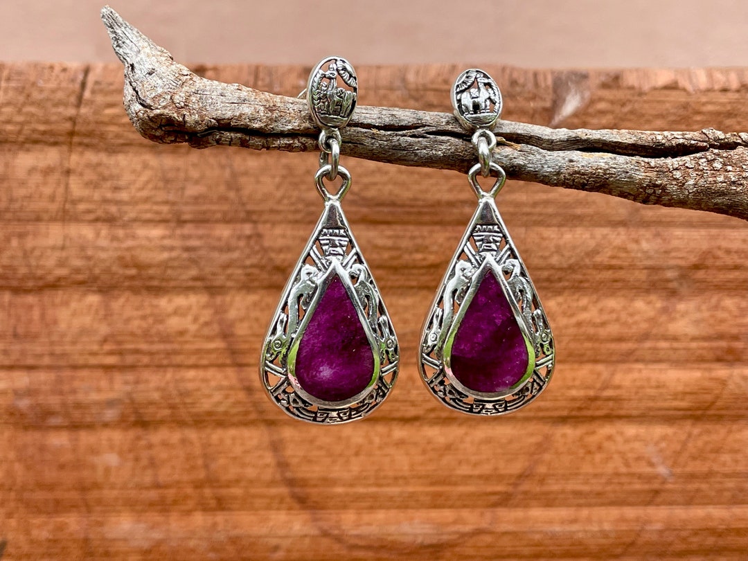 Purple Earrings With Silver Puma, Llama and Healing God Tumi on the ...
