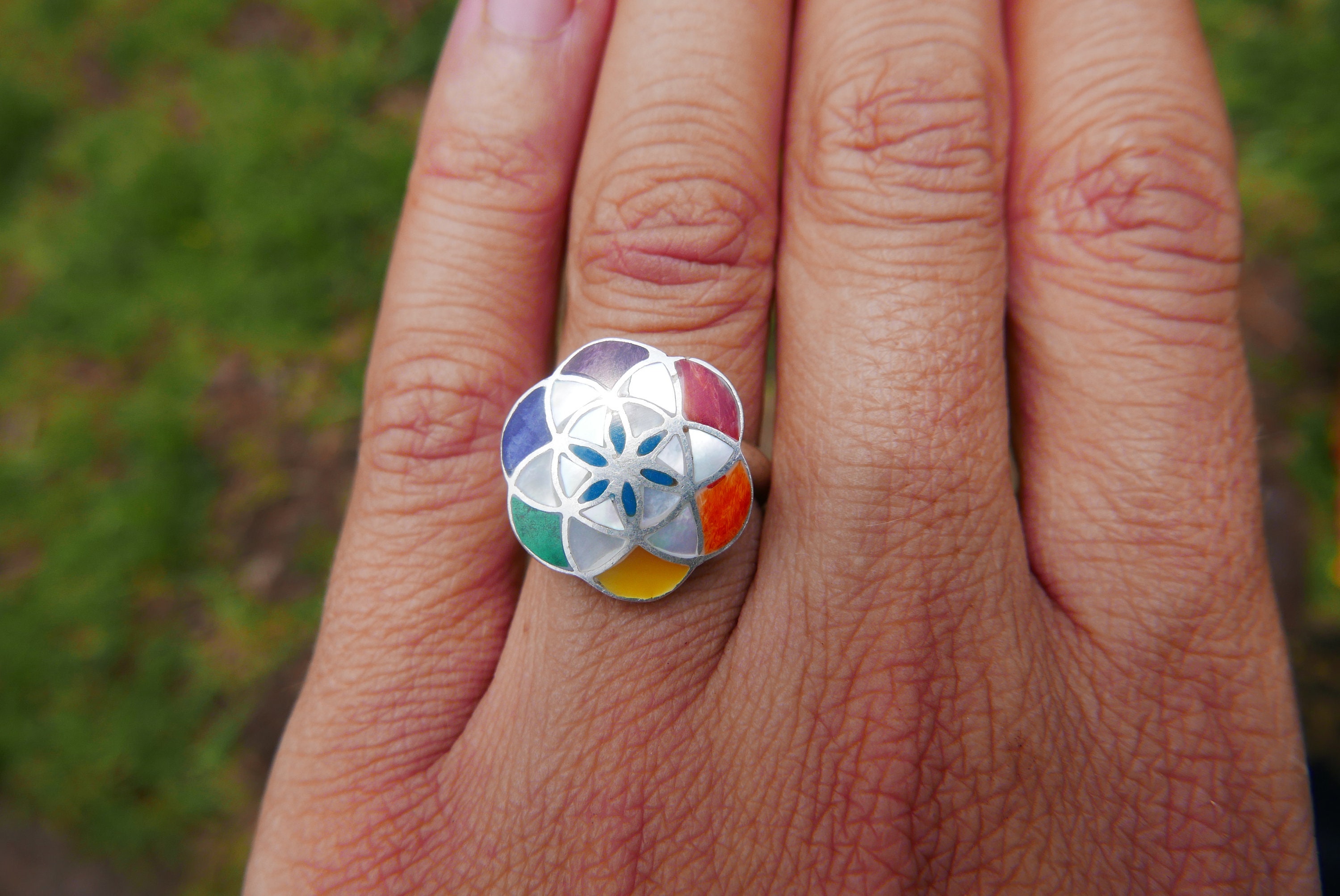 Adjustable Silver Colorful Flower Ring | Etsy