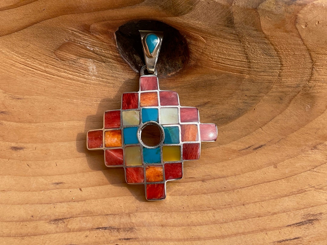 Colorful Inka Cross Silver Chakana Pendant - Etsy