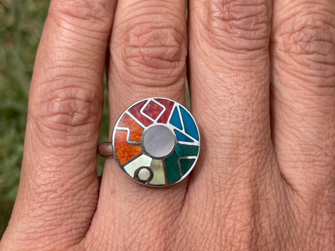 Adjustable Colorful Inka Calendar Silver Ring - Etsy