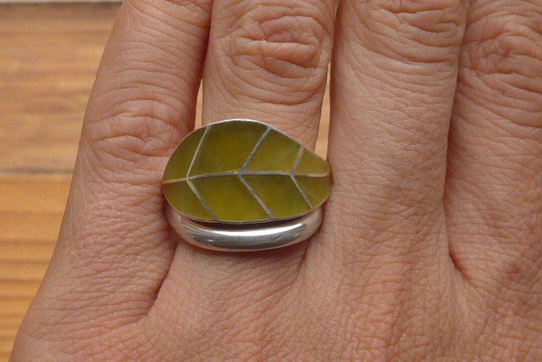 Adjustable Green Leaf Silver Ring - Etsy