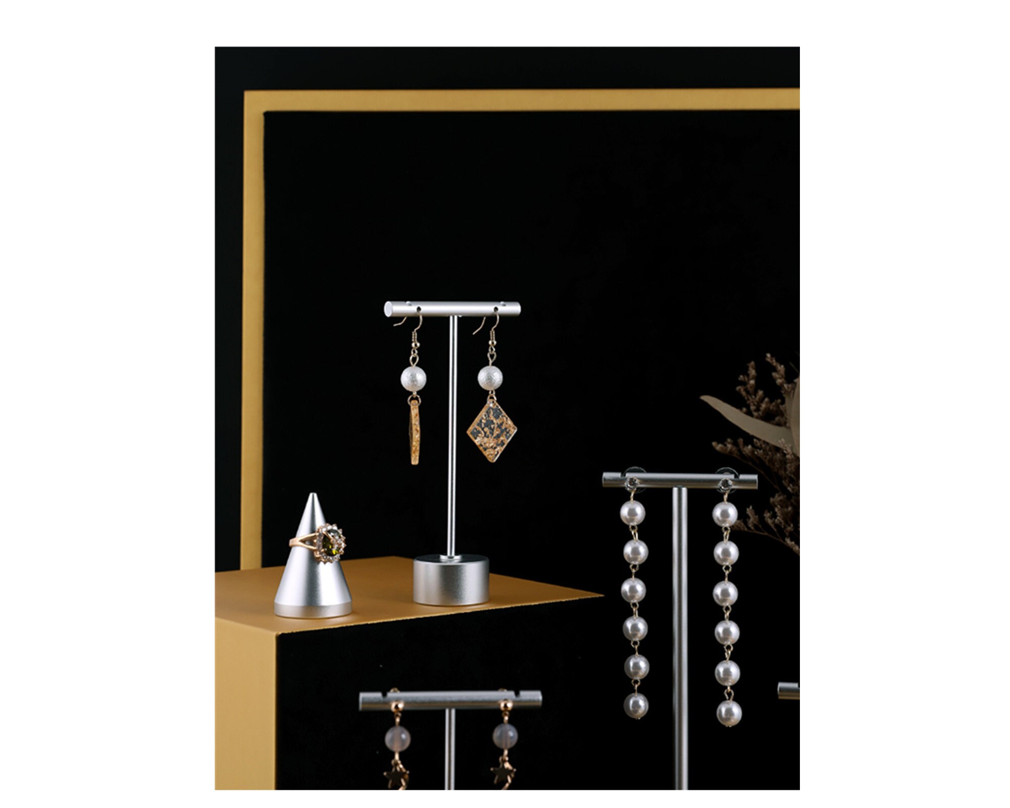 Silver Metal Jewelry Display Stand: T-bar Earring & Ring Holder, #566 ...