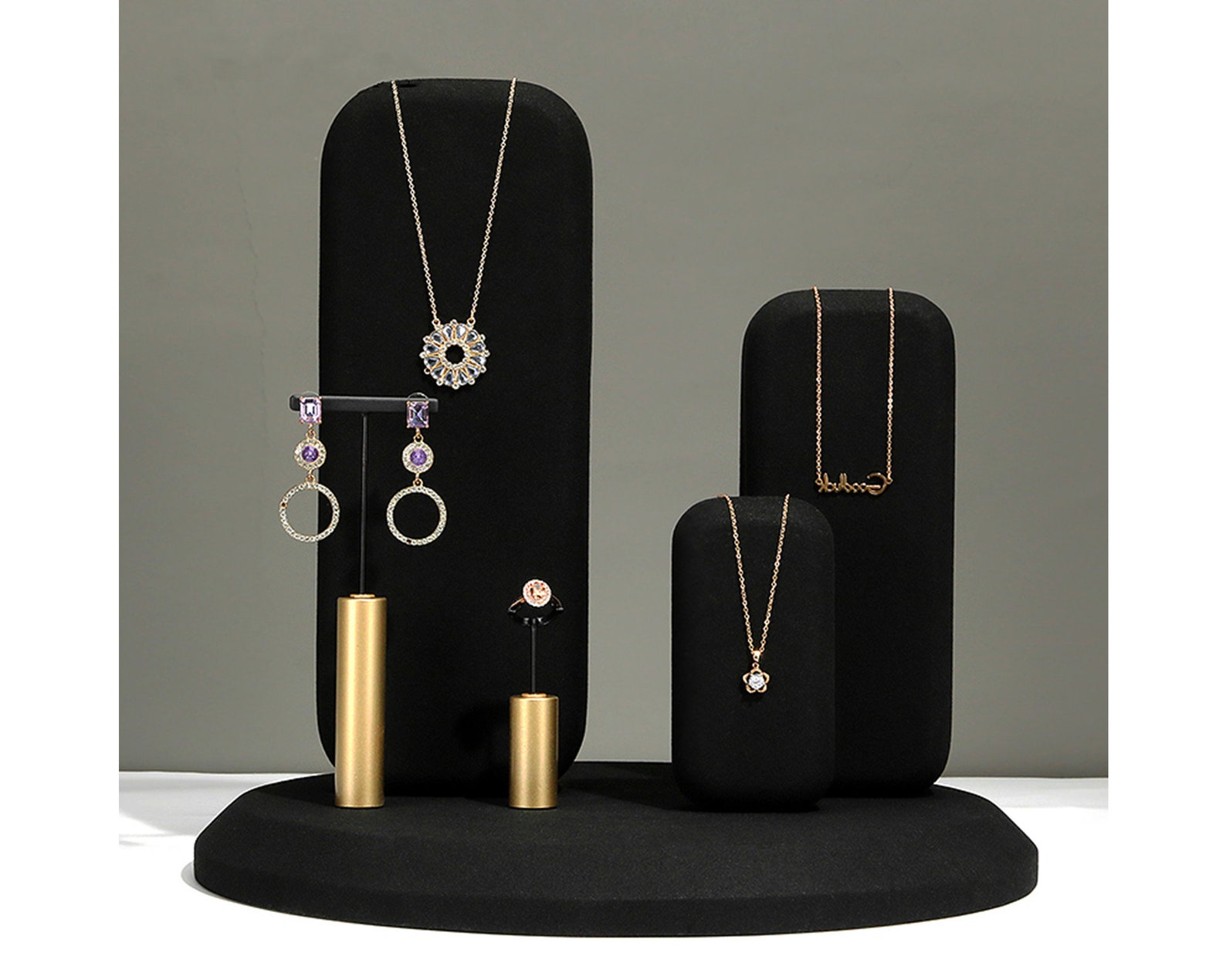 Black Microfiber Jewelry Display Set: Necklace Bust, Ring & Earring ...