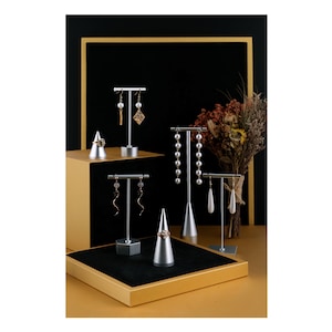 Silver Metal Jewelry Display Stand: T-bar Earring & Ring Holder, #566 ...