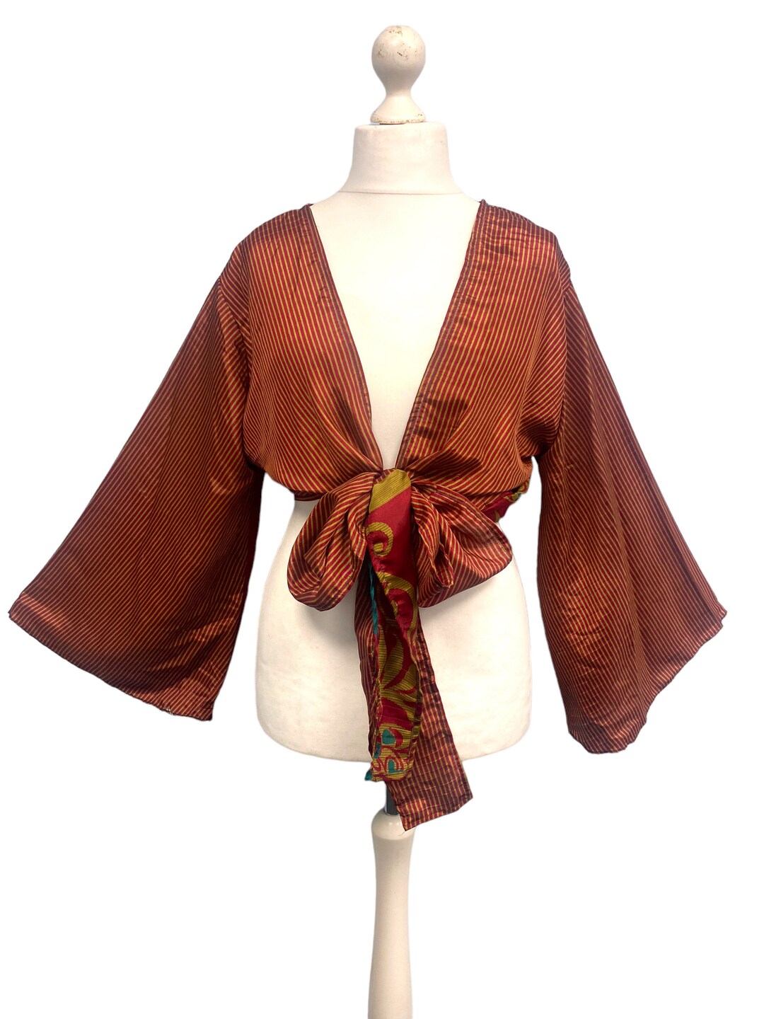 Red Blouse Shrug Crop Top Cover up Sari-silk Boho Hippy Bell Sleeve Uk ...