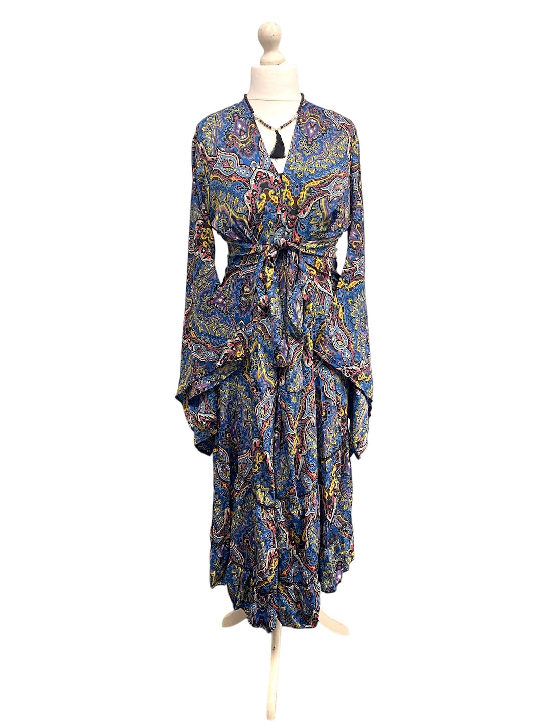 Unique Kimono Wrap Dress, in Blue, Yellow & Black Silk, Bell Sleeve ...