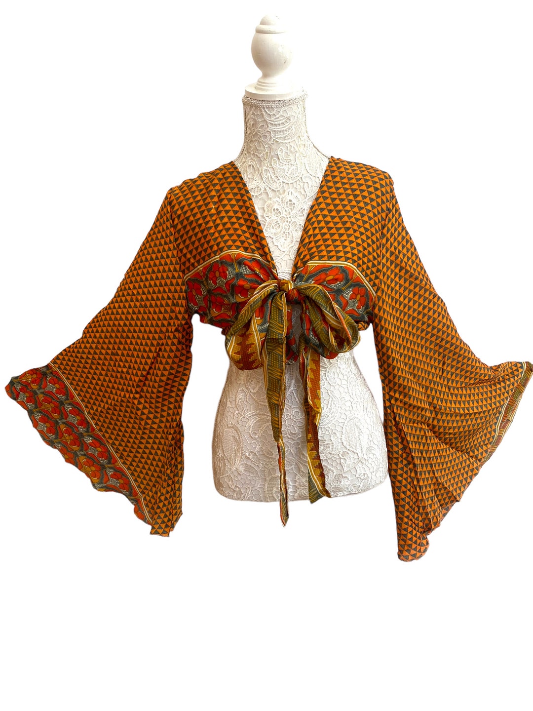 GOLD Wrap Top Crop BLOUSE, Kimono Bell Sleeve , Stevie Nicks, Boho ...