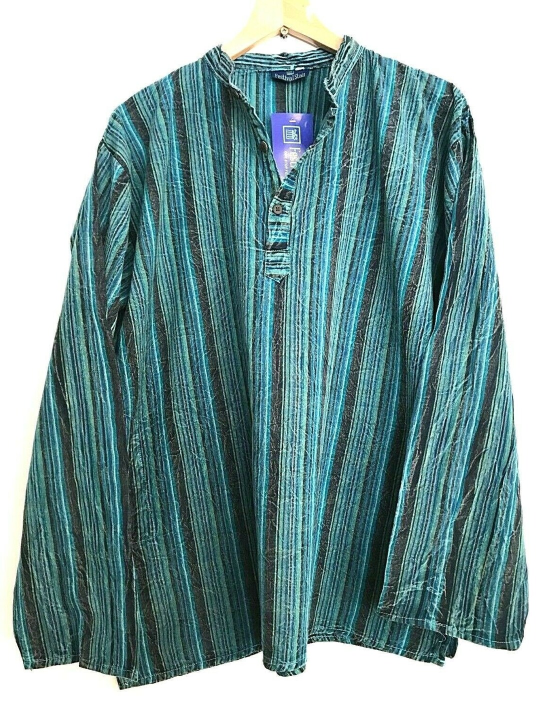 Blue Stripy Grandad Hippy Boho Surfer Festival Casual Shirt Top Tunic M ...