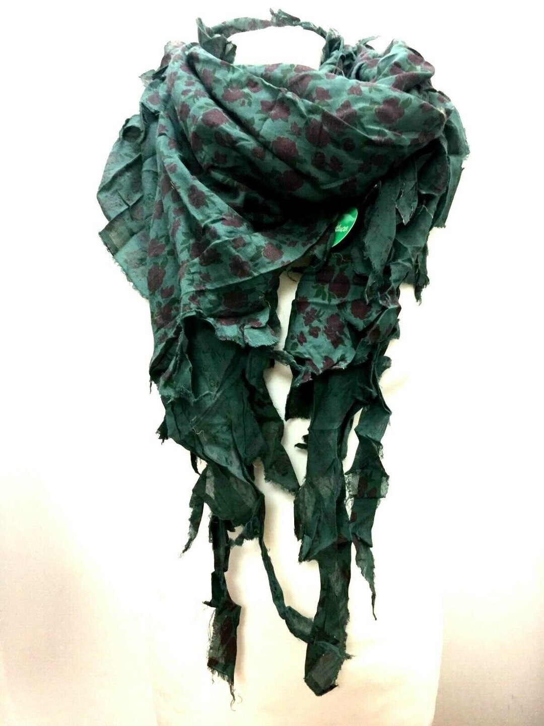 GREEN SCARF, Boho Hippy Goth Emo, Raw Edge Rose Print, 100% Cotton Wrap ...