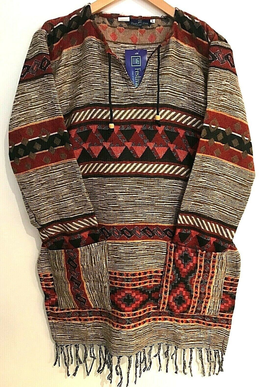 Aztec Tunic Top, Embroidered, Long Sleeve Pull Over, Brown Tassel ...
