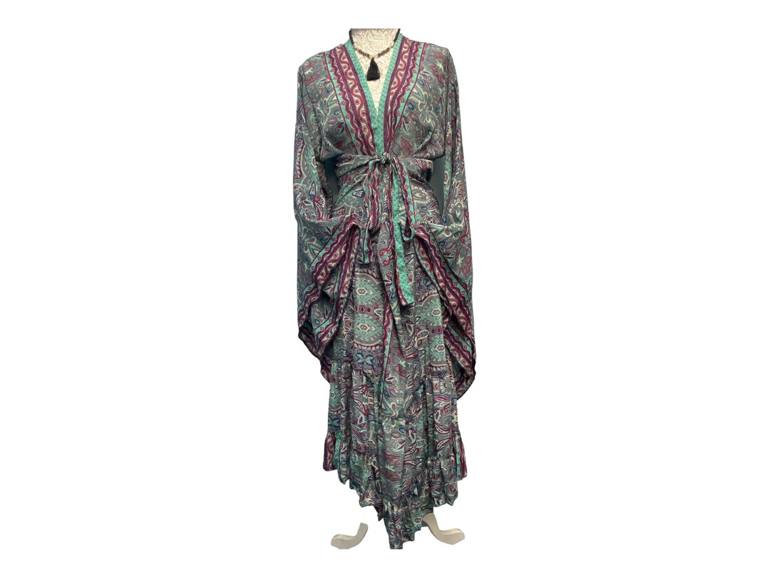 Kimono Dress Boho Hippy Silk Cover up Wrap Long Gown Robe Duster Coat ...