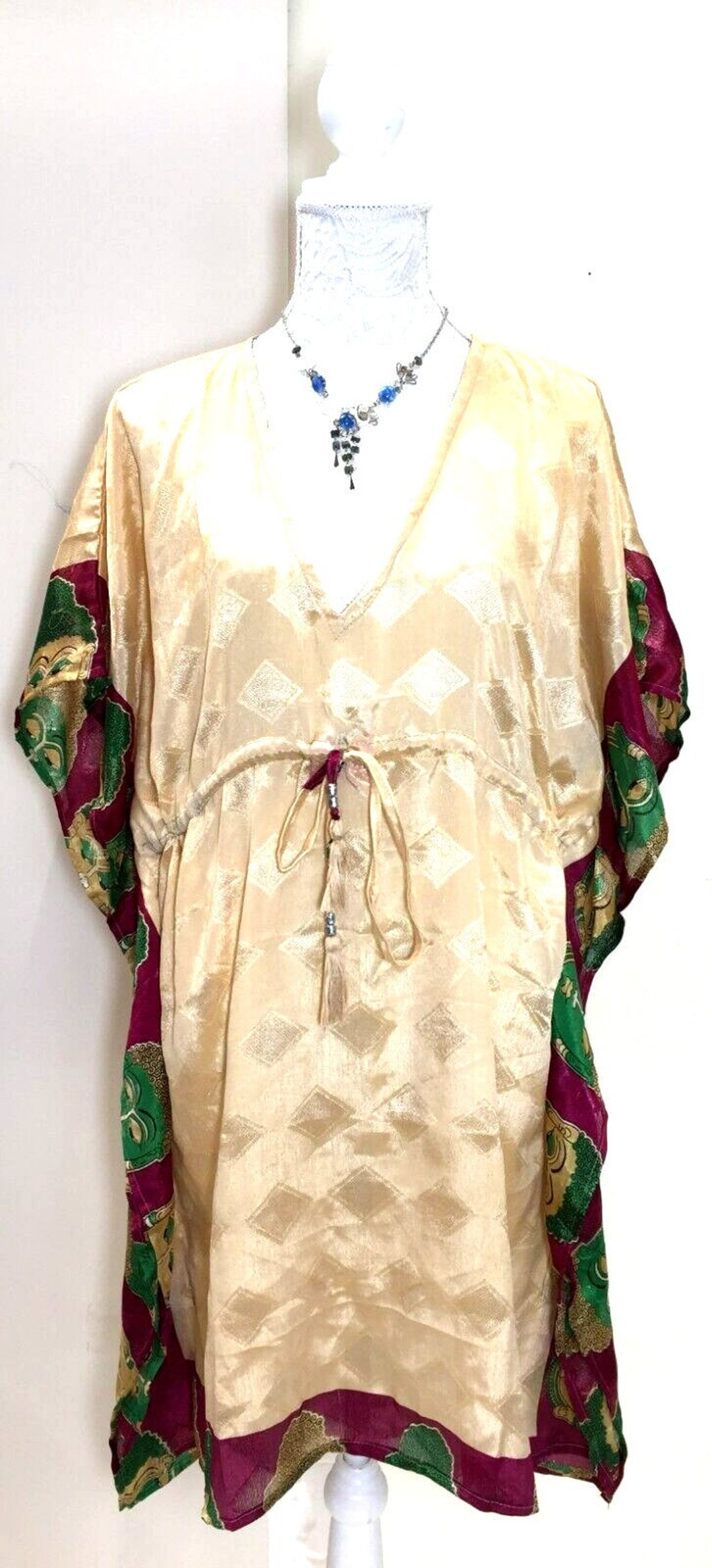 Long Retro Cream Indian Sari Silk Tunic, Kaftan Top, Loose Fit Cover up ...
