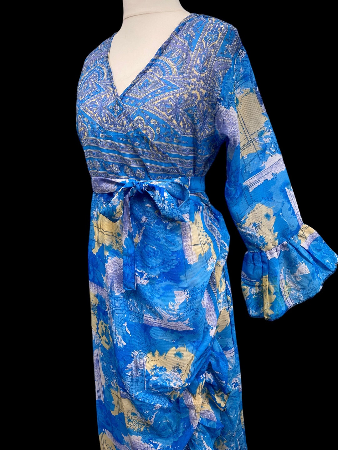 Chloe Long Indian Wrap Dress, Vintage Sari Silk With Flounced Sleeve ...
