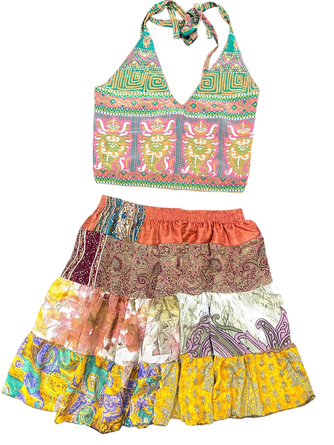 Crop Top & Mini Skirt Festival Outfit Boho Hippy Sari Silk Summer Vest One Size - Etsy