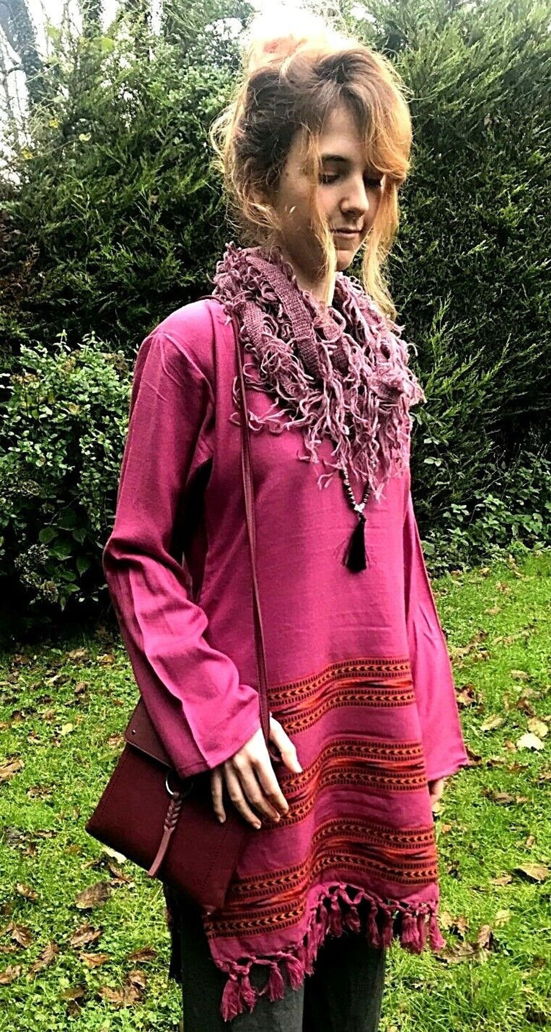 PINK TUNIC Top, Warm Boho Hippy Festival Style, V-neck, Tassle, Long ...