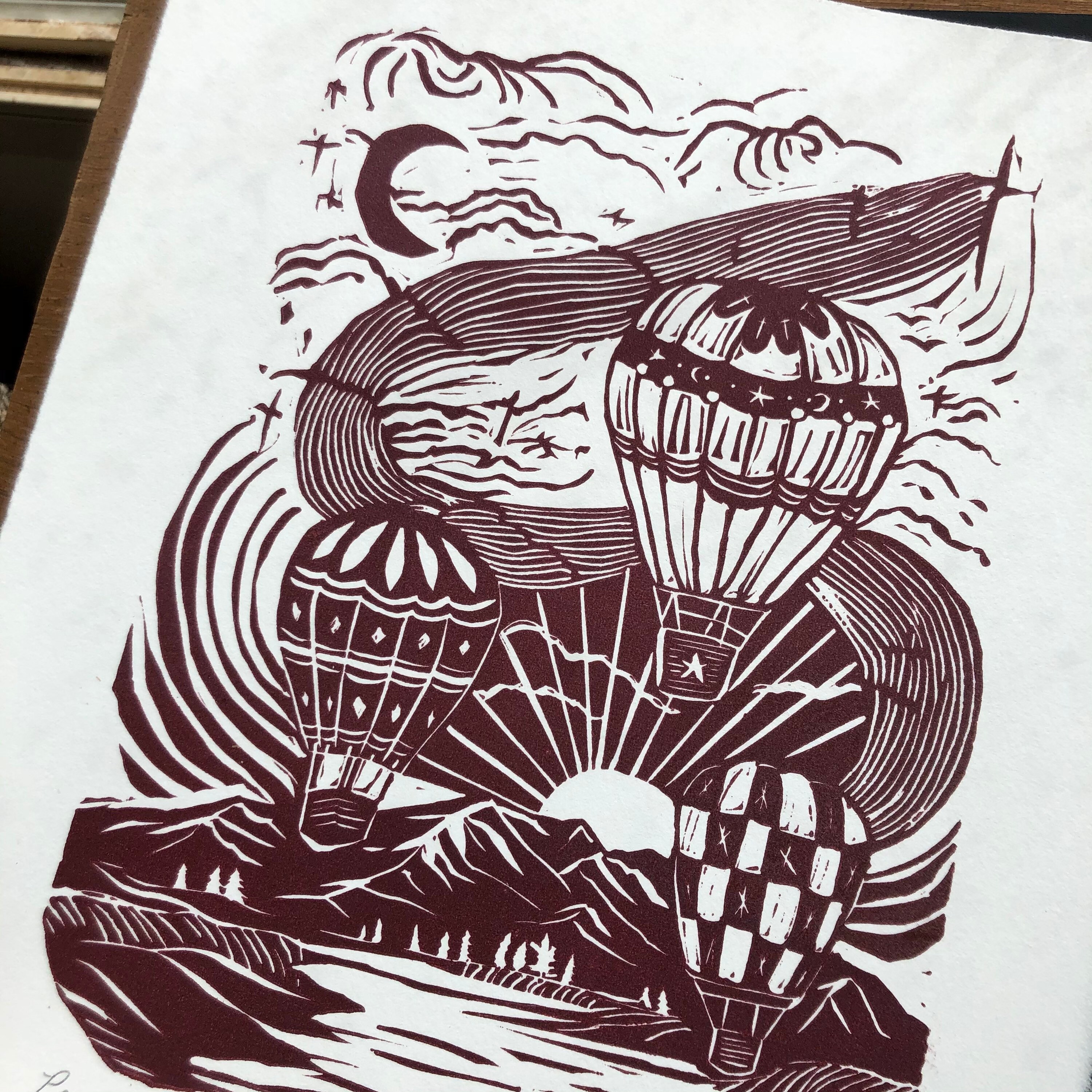 Hot Air Balloon Art, Original Linocut Block Print, Handmade ...
