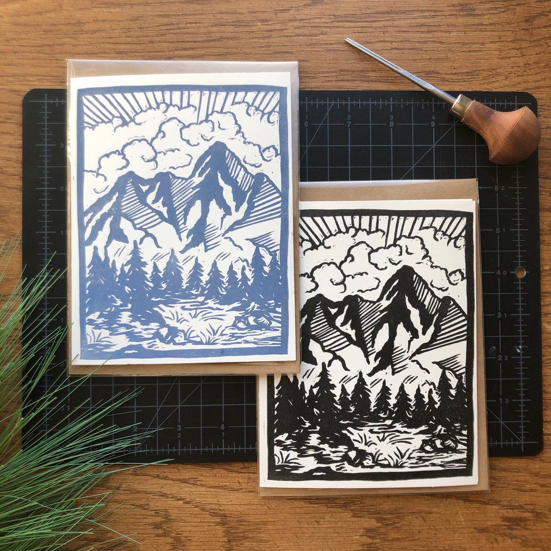 Mountains Linocut Block Print Greeting Card With Trees and Clouds ...