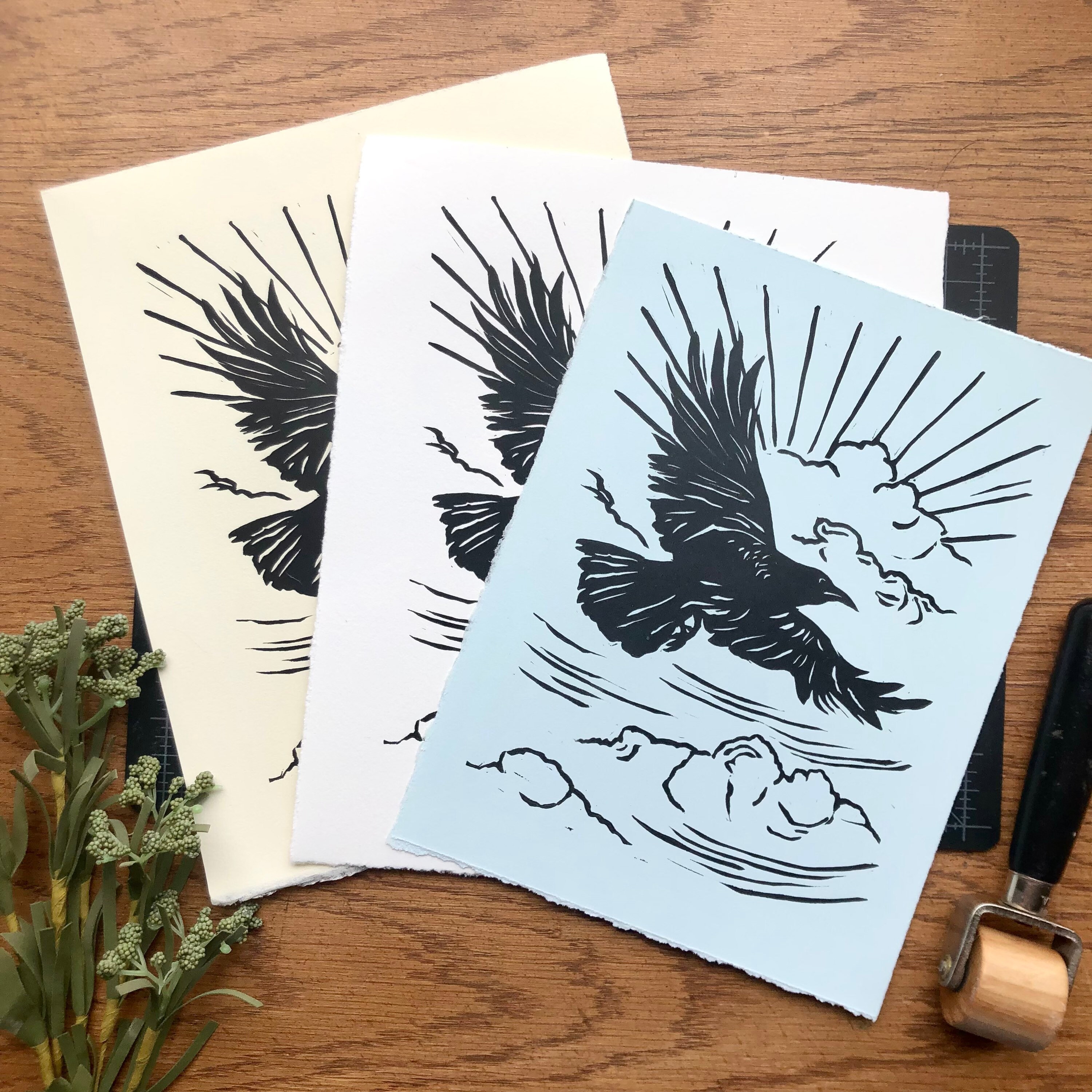 Raven Bird Linocut Block Print Handmade Cute Southwestern | Etsy