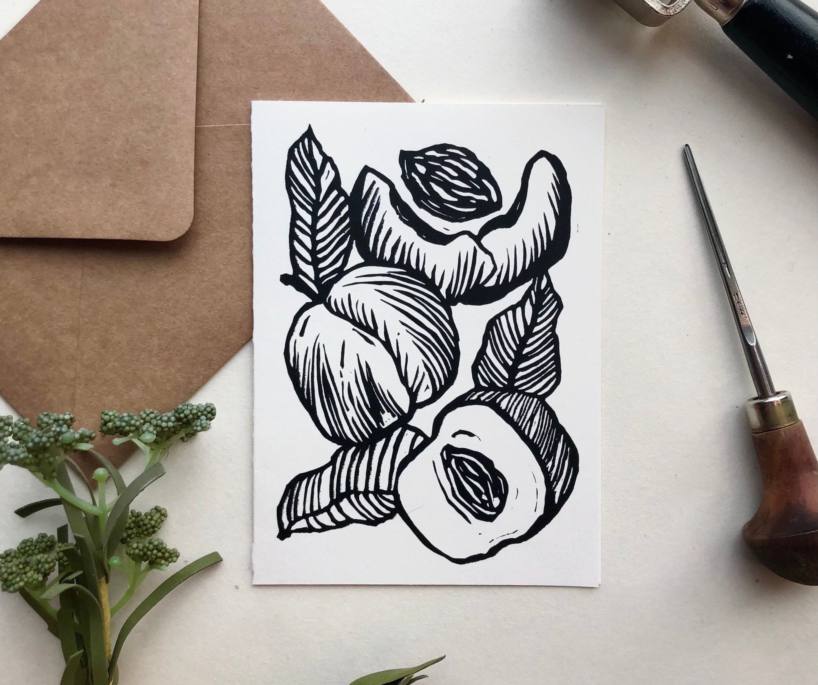 Peach Fruit Linocut Block Print Greeting Card Original Cute | Etsy