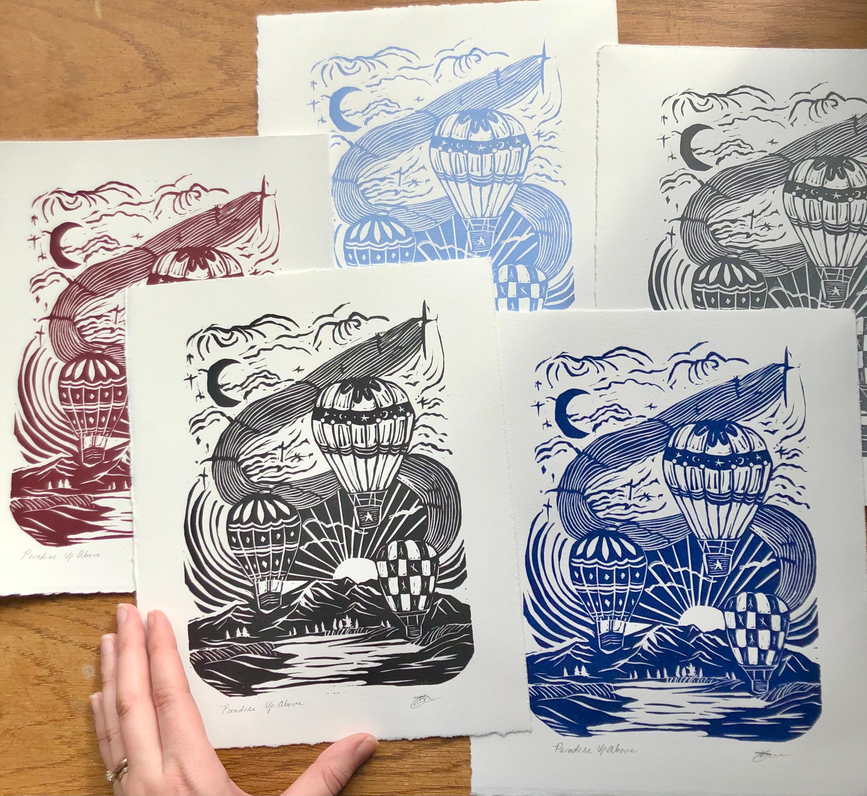 Hot Air Balloon Art, Original Linocut Block Print, Handmade ...