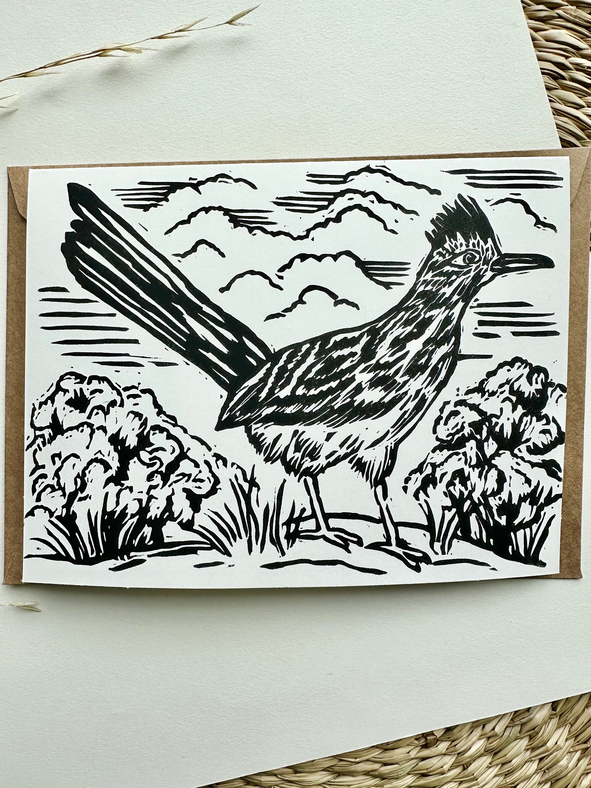 Roadrunner Greeting Card, New Mexico Card, Animal Linocut Print, Block ...