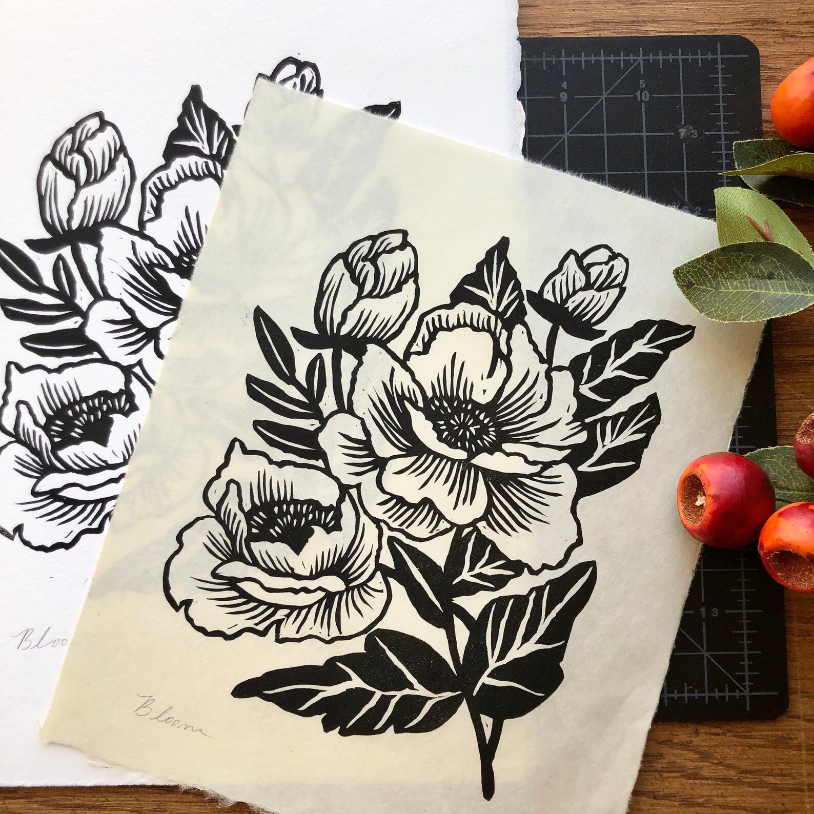 Flower Original Linocut Block Print Handmade Wall Art Gift - Etsy