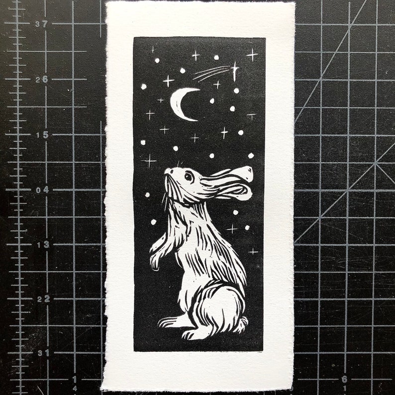 Rabbit Linocut, Mini Print, Block Print Handmade Handprinted ...