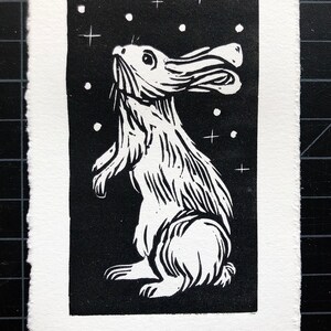 Rabbit Linocut, Mini Print, Block Print Handmade Handprinted ...
