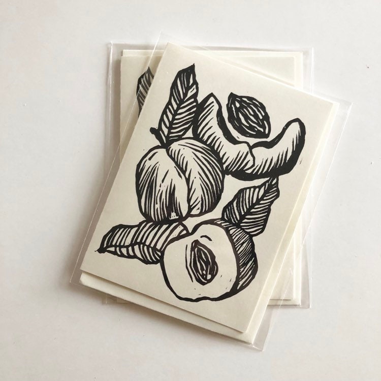 Peach Fruit Linocut Block Print Greeting Card Original Cute - Etsy