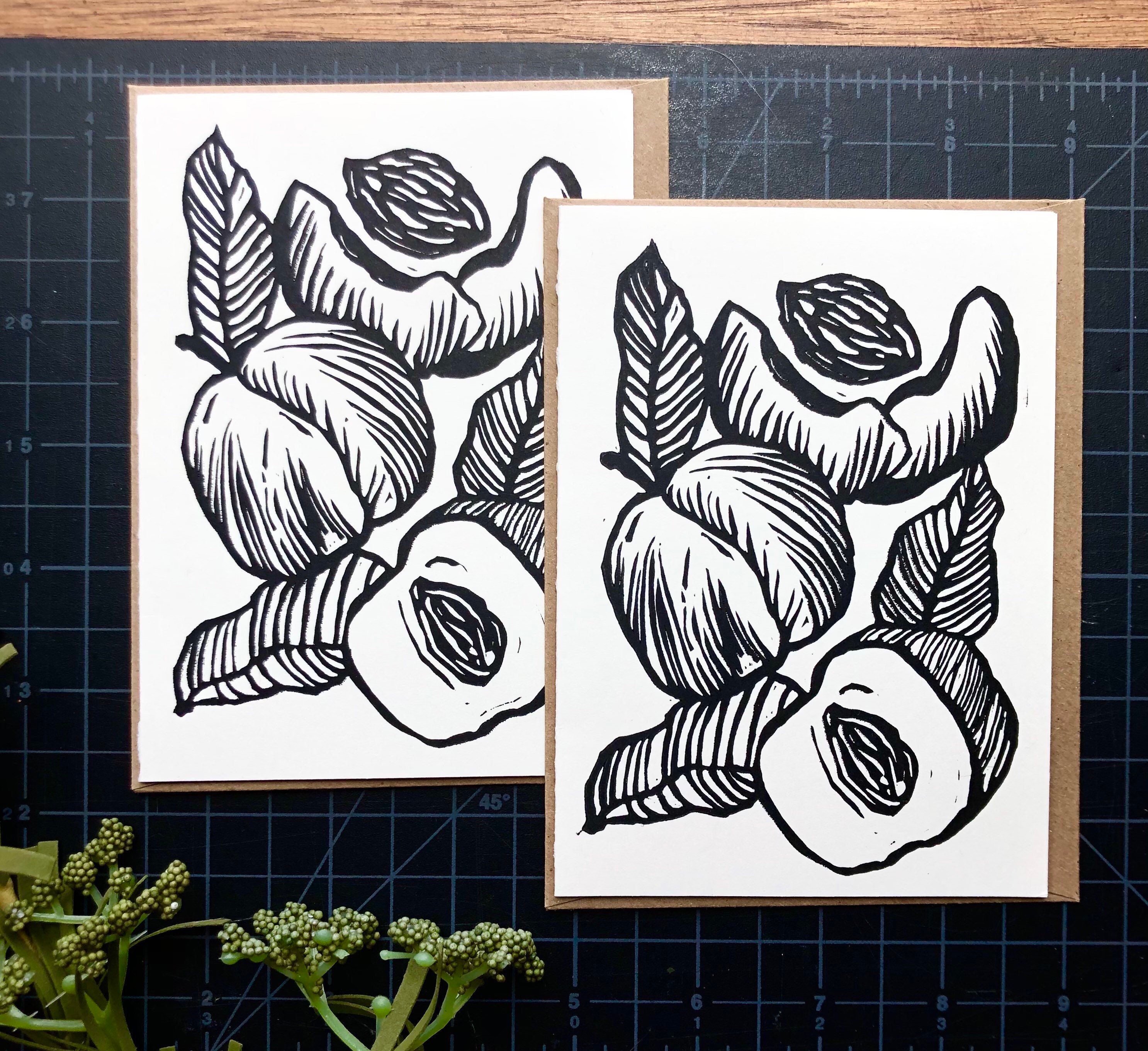 Peach Fruit Linocut Block Print Greeting Card Original Cute Handmade ...