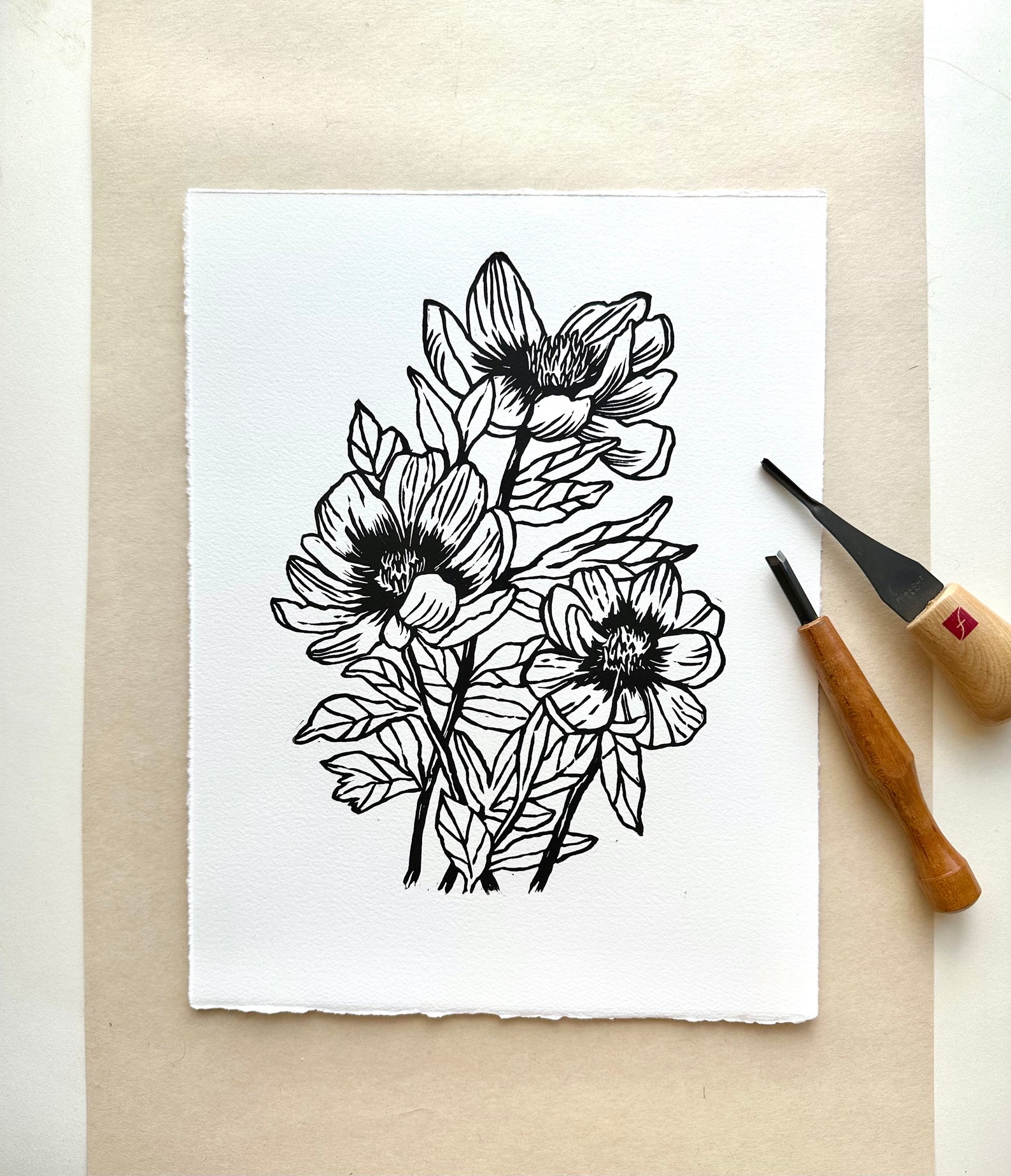 Peony Linocut Print: Handmade Floral Block Print Wall Art - Etsy