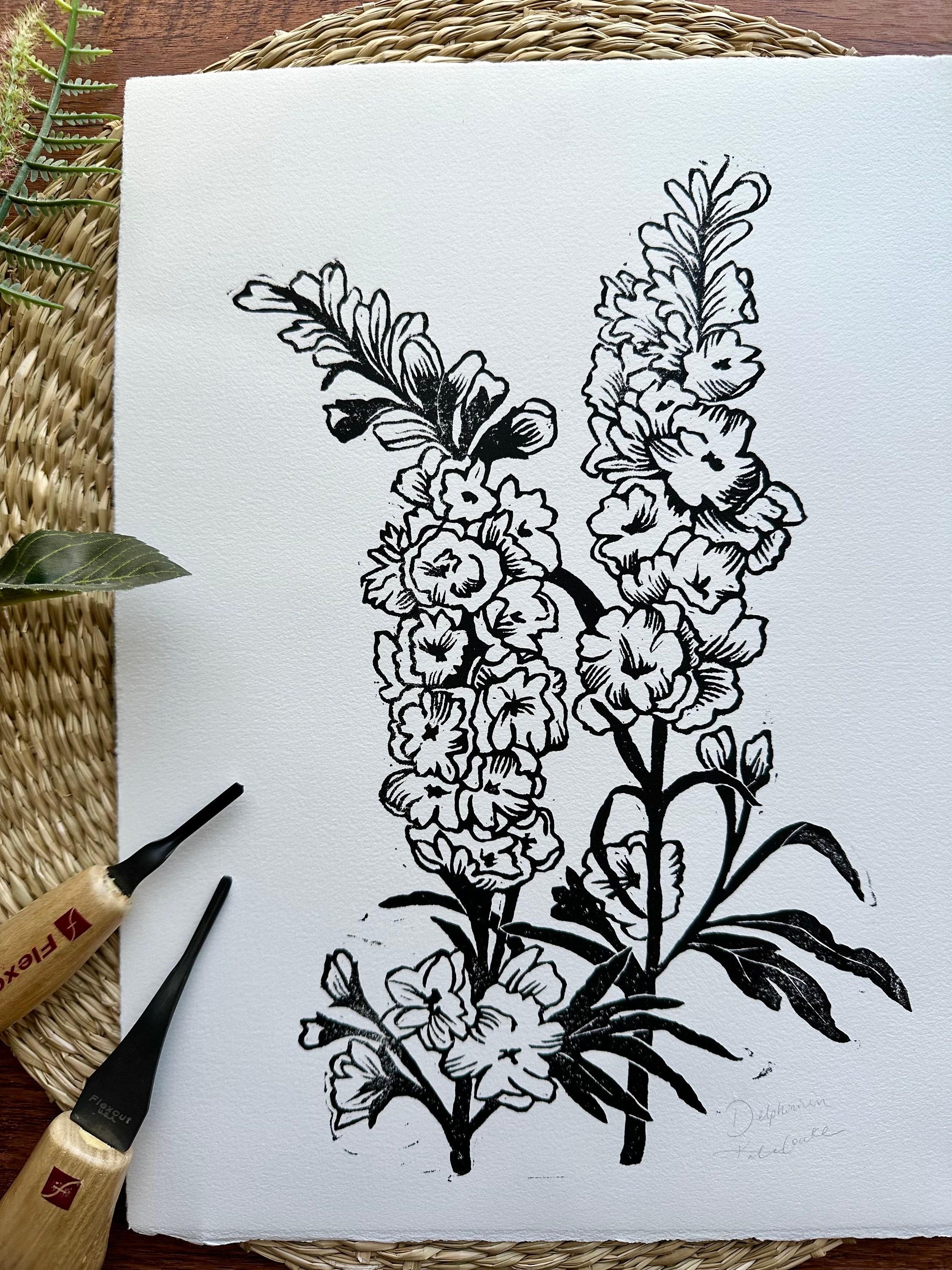 Delphinium Flower Original Linocut, Block Print Handmade Wall Art ...