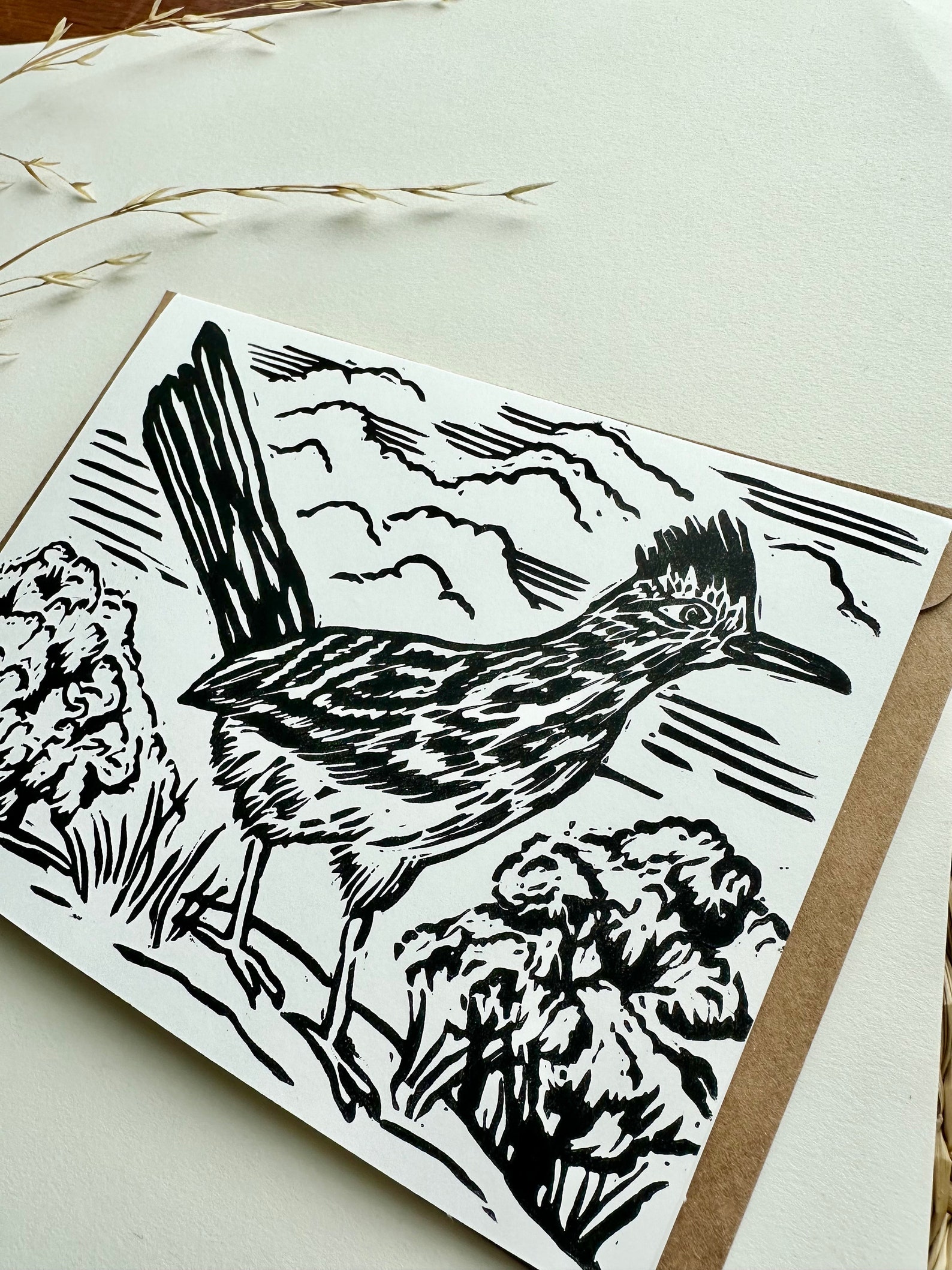 Roadrunner Greeting Card, New Mexico Card, Animal Linocut Print, Block ...