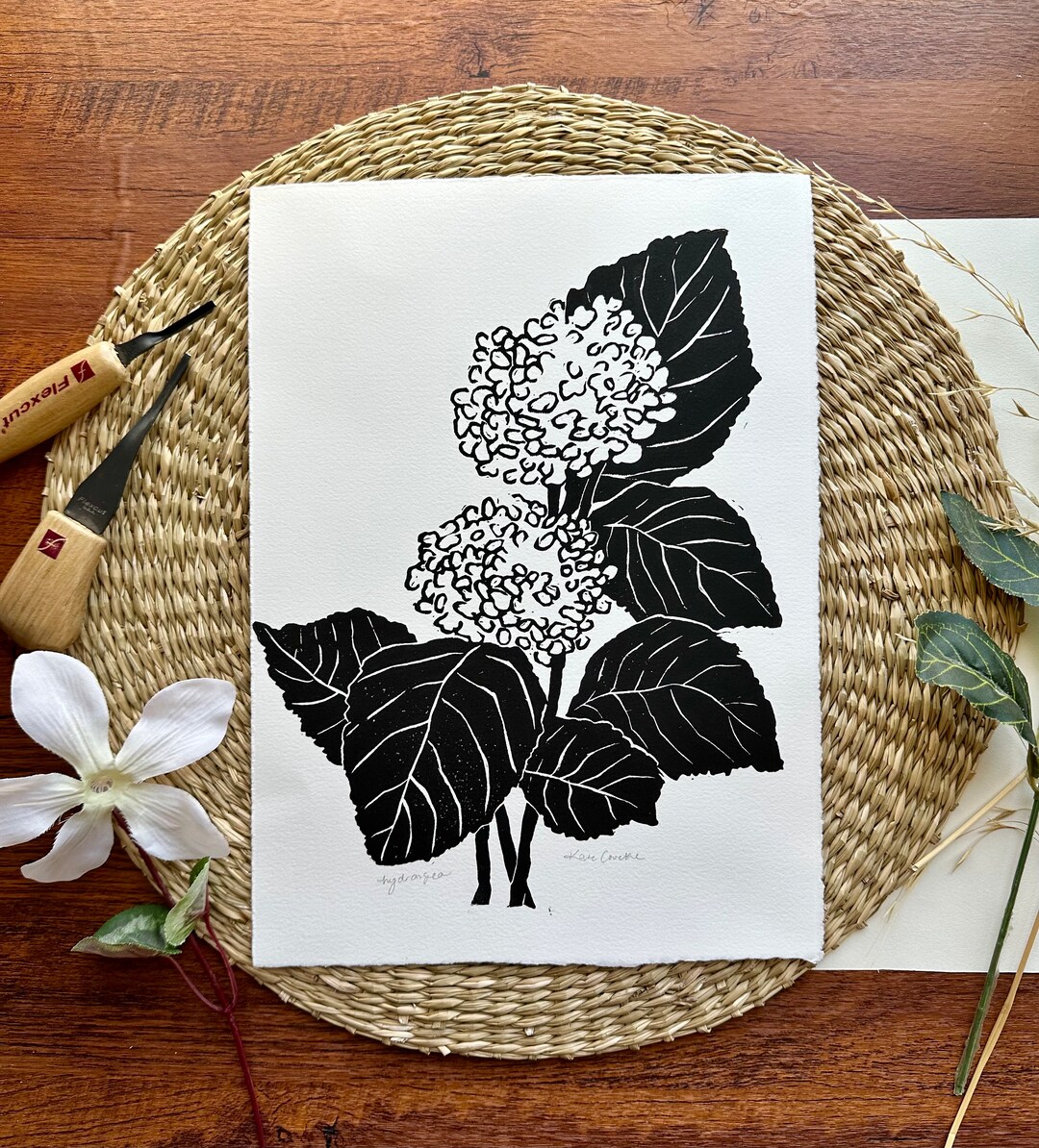 Hydrangea Flower Original Linocut, Block Print Handmade Wall Art ...