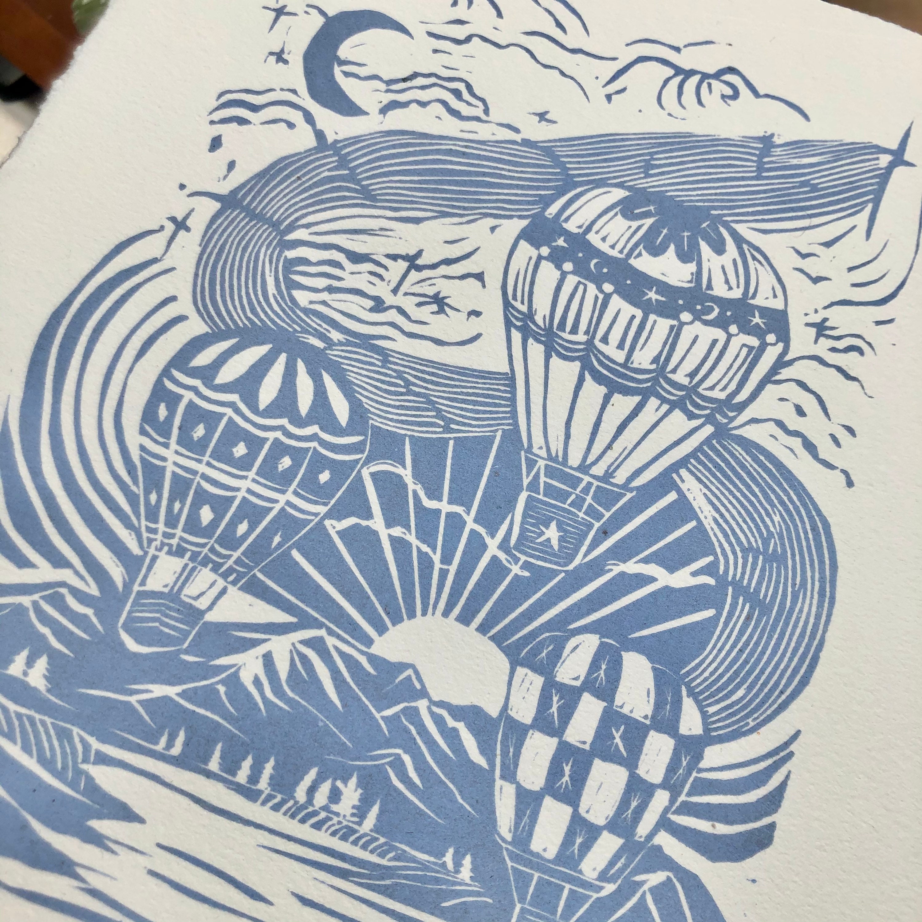 Hot Air Balloon Art, Original Linocut Block Print, Handmade ...