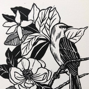 Linocut Bird Print, Handprinted Block Print, Handmade Bird Art Print ...