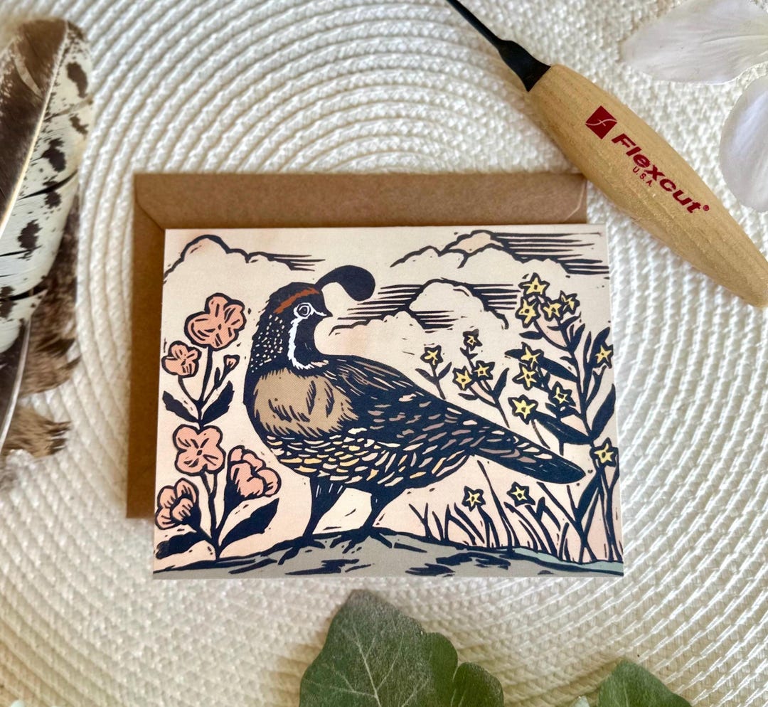Quail Linocut Greeting Card, Southwest Art, New Mexico Art, Quail ...