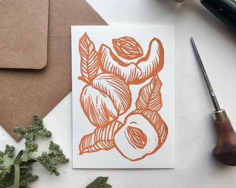 Peach Fruit Linocut Block Print Greeting Card Original Cute | Etsy